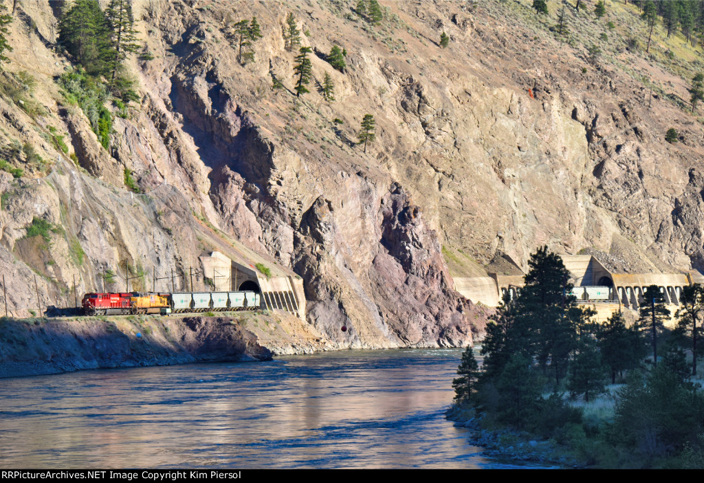 CP 8944 UP 5452 through the Tunnels at Skoonka, BC with Canpotex Potash Loads